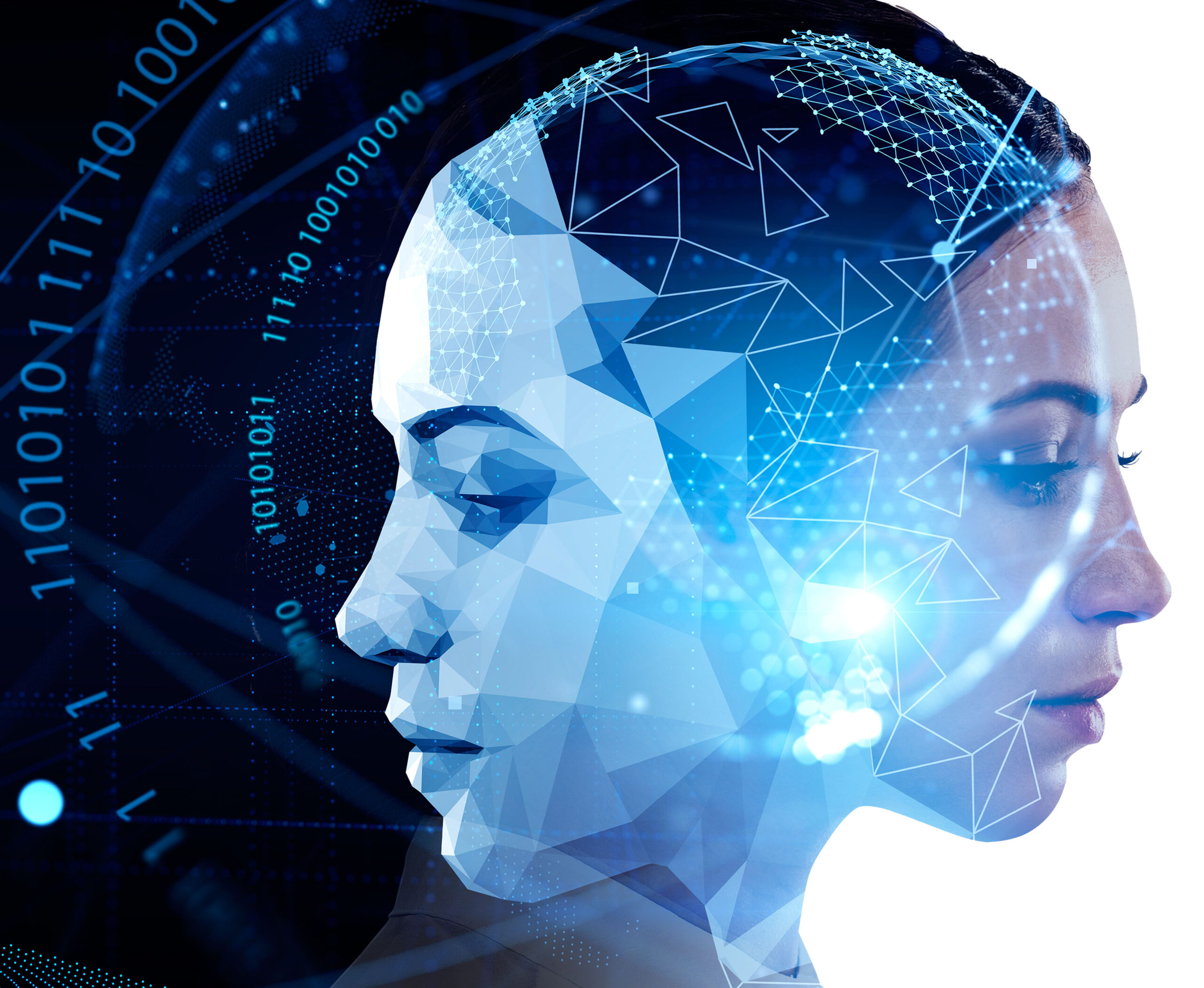 Attractive businesswoman with robot face on white background - MediaLocate